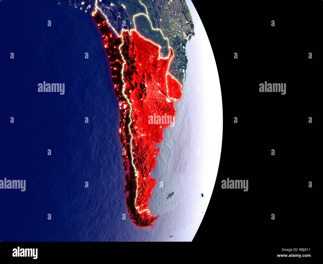 Satellite view of Southern Cone at night with visible bright city ...