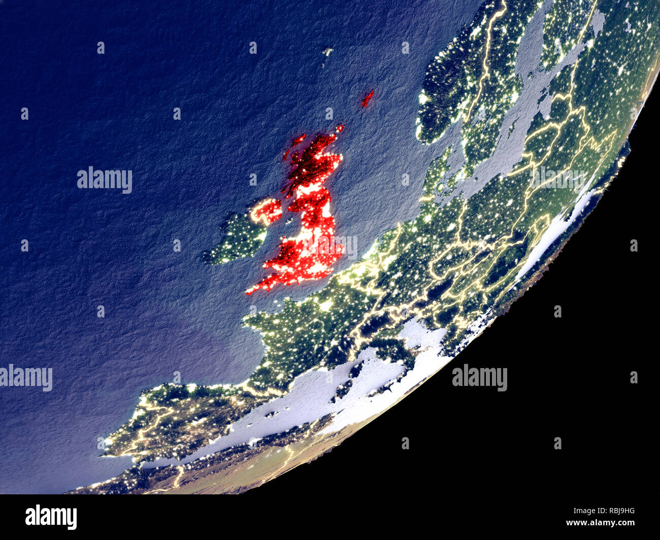 United Kingdom from space on model of Earth at night. Very fine detail ...