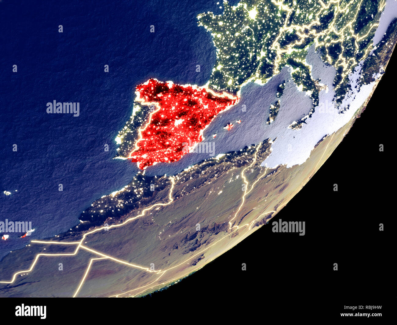 Spain from space on model of Earth at night. Very fine detail of the ...