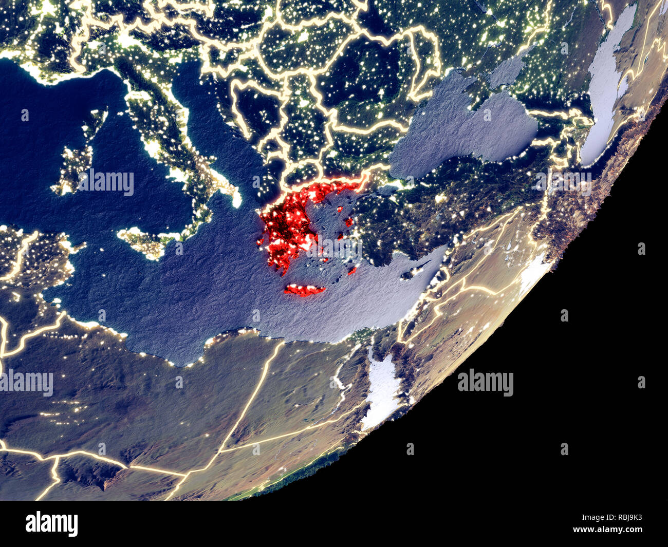 Greece from space on model of Earth at night. Very fine detail of the ...