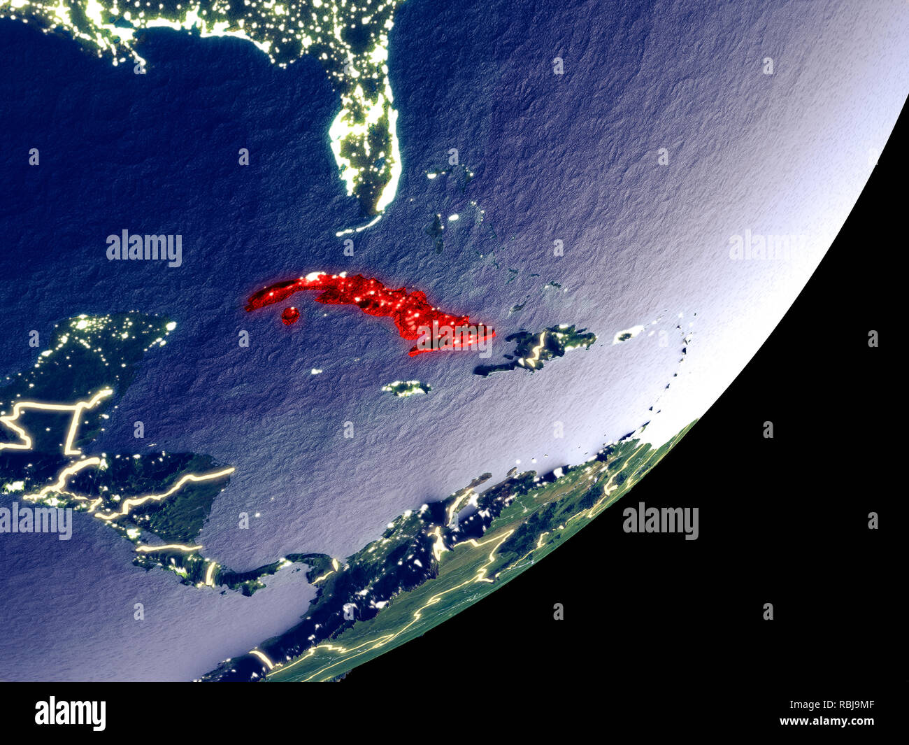 Cuba from space on model of Earth at night. Very fine detail of the ...
