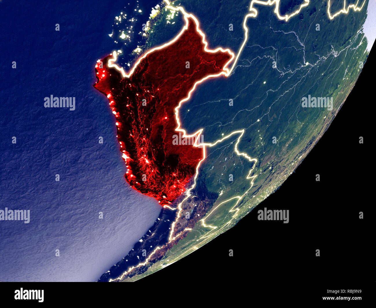 Peru from space on model of Earth at night. Very fine detail of the ...