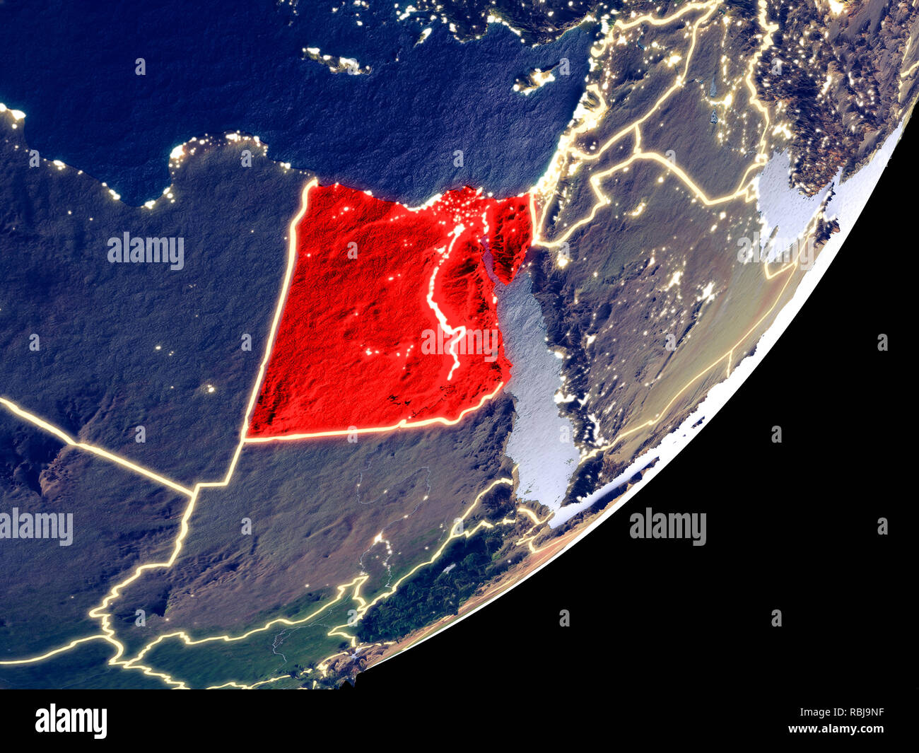 Egypt from space on model of Earth at night. Very fine detail of the ...