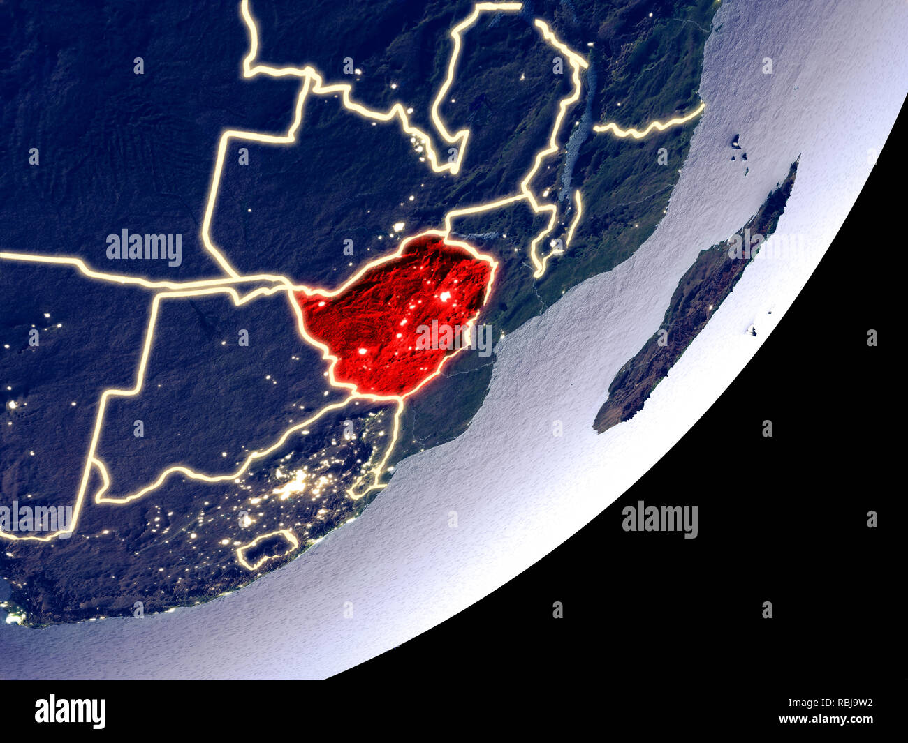 Zimbabwe from space on model of Earth at night. Very fine detail of the ...