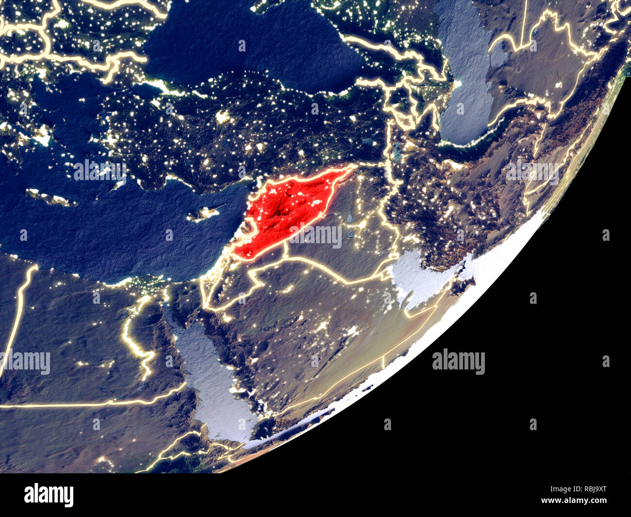 Syria from space on model of Earth at night. Very fine detail of the ...
