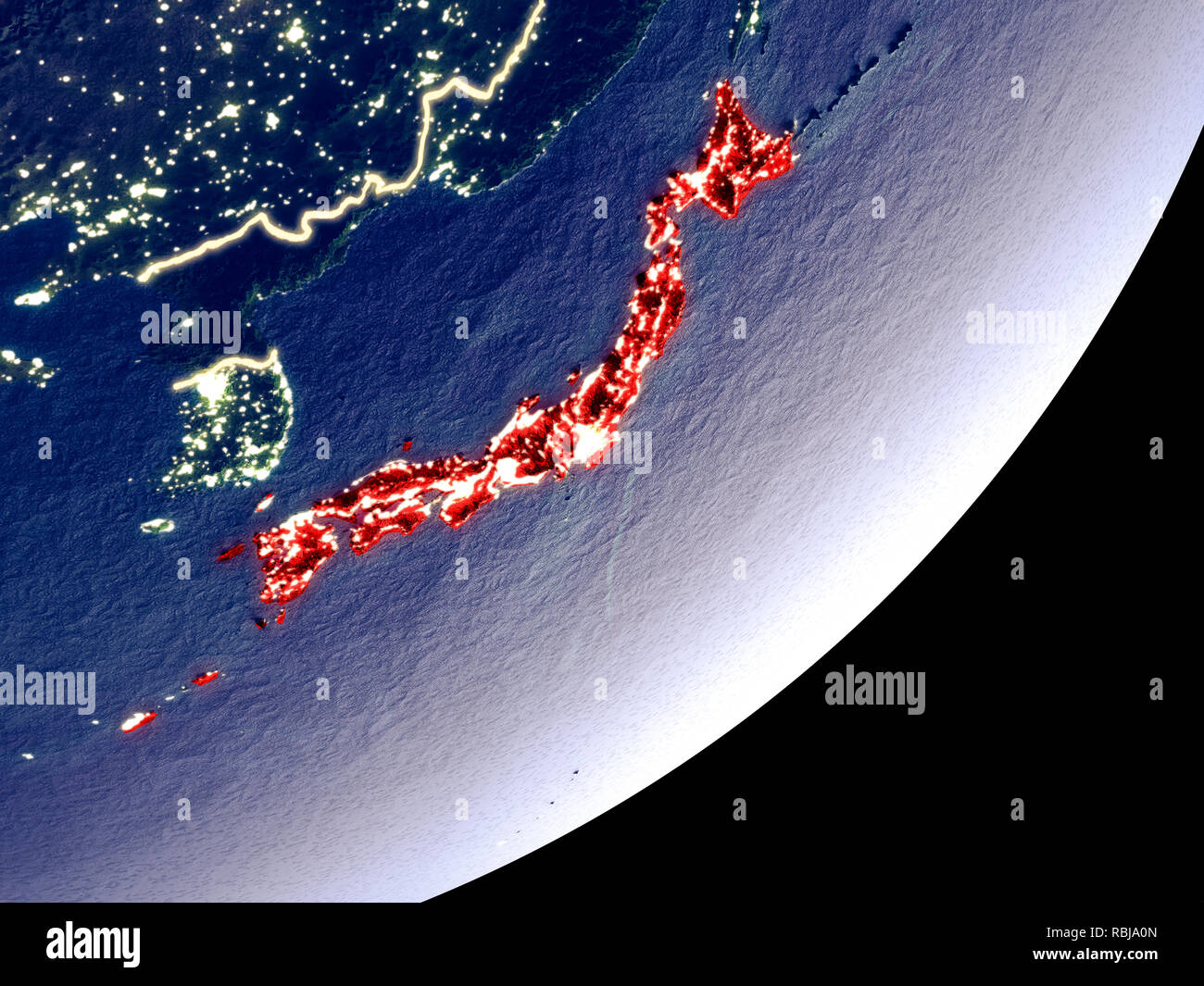 Japan from space on model of Earth at night. Very fine detail of the ...