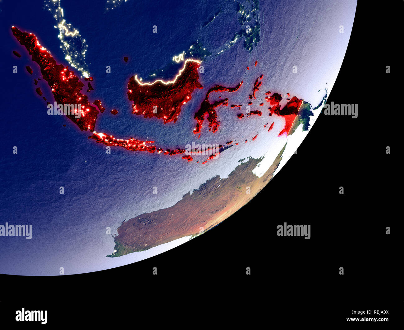 Indonesia from space on model of Earth at night. Very fine detail of ...