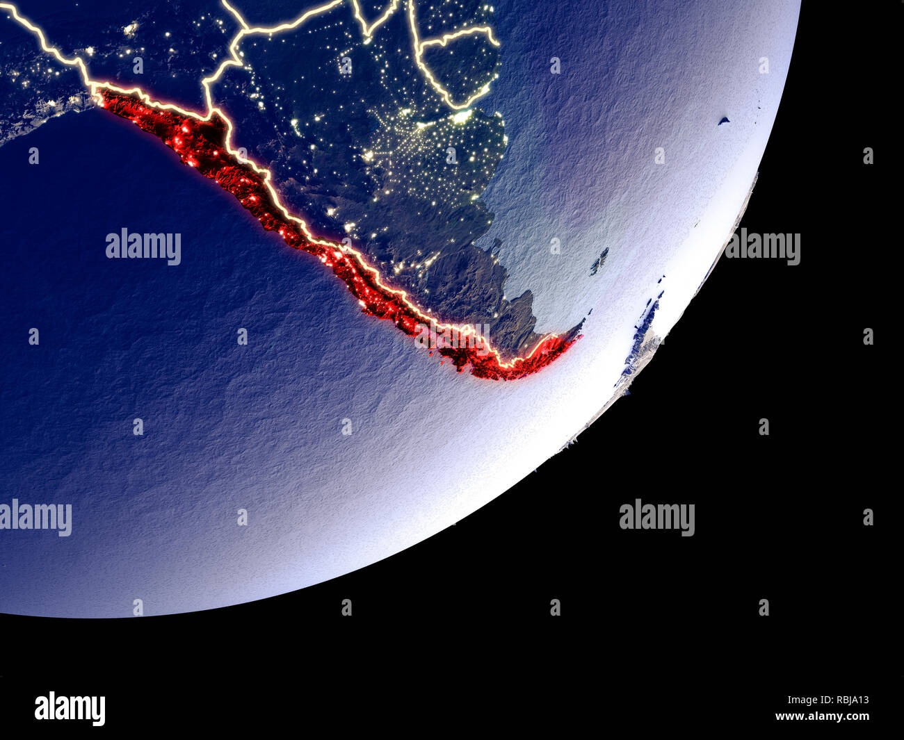 Chile from space on model of Earth at night. Very fine detail of the ...