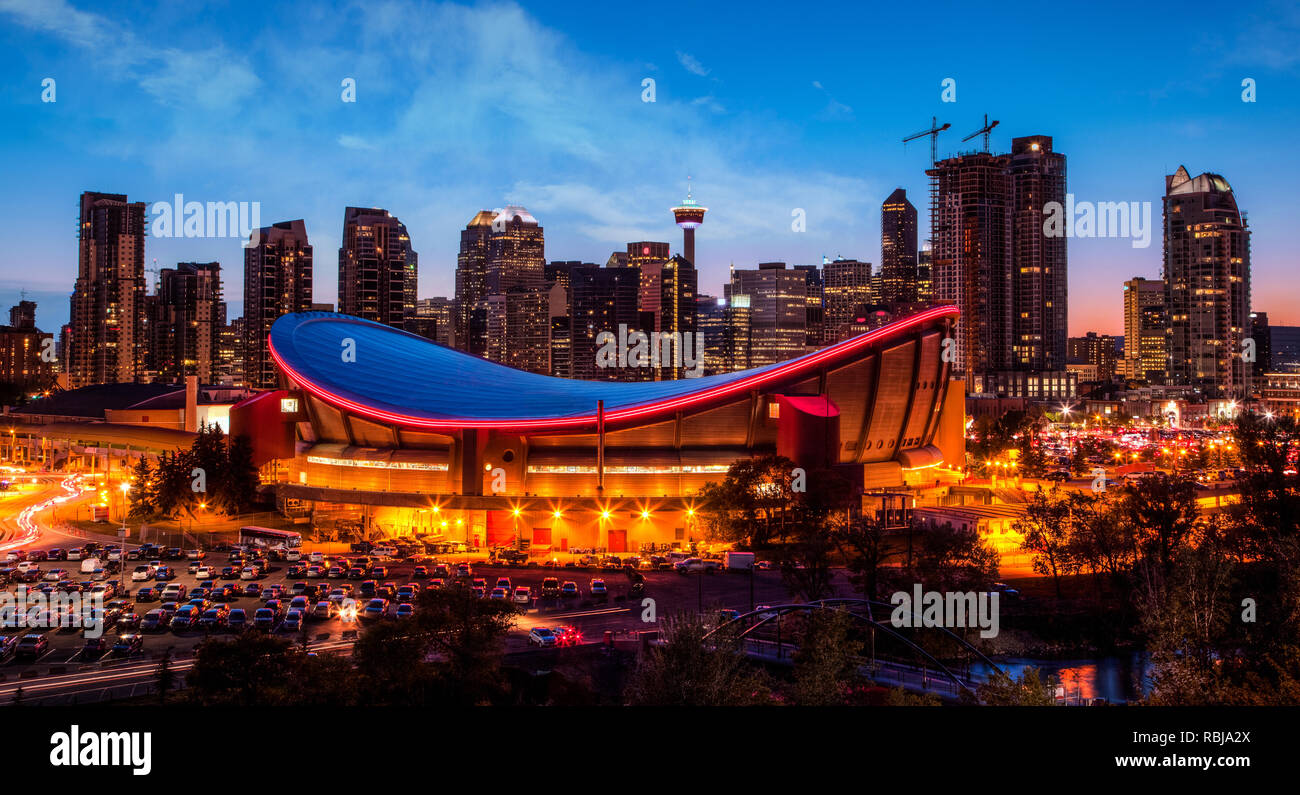Panorama of Calgary downtown skyline at sunset blue hour showing the ...