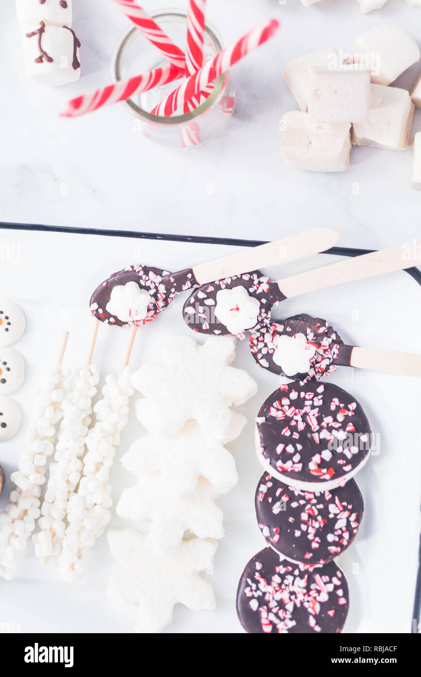 Close up view. Variety of marshmallow toppings with peppermint and ...