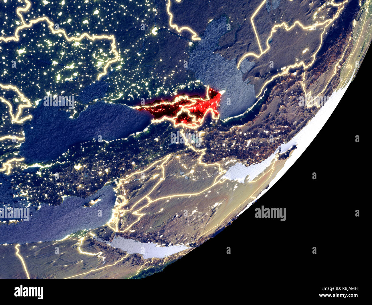 Caucasus region from space on model of Earth at night. Very fine detail ...