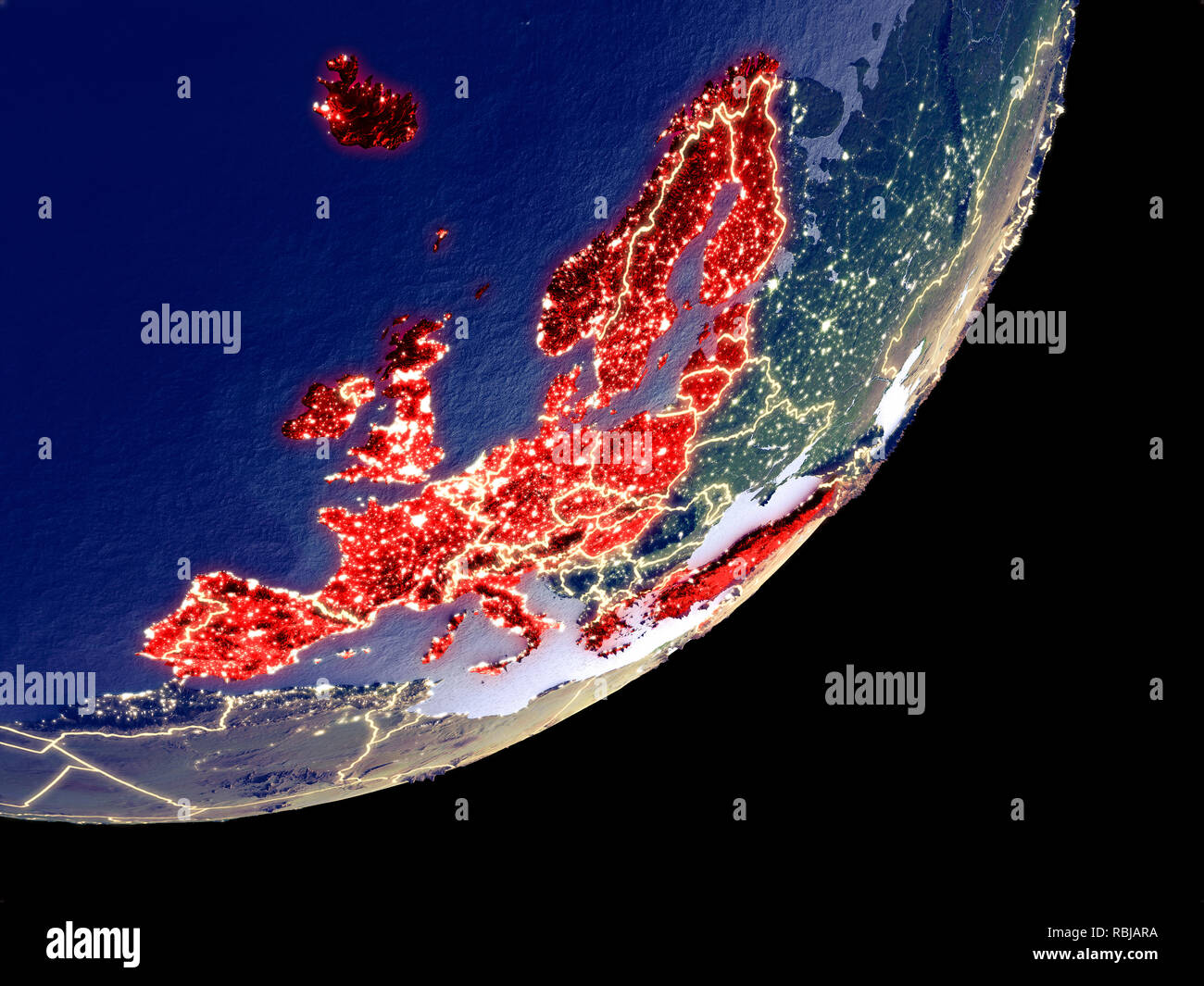 OECD European members from space on model of Earth at night. Very fine ...