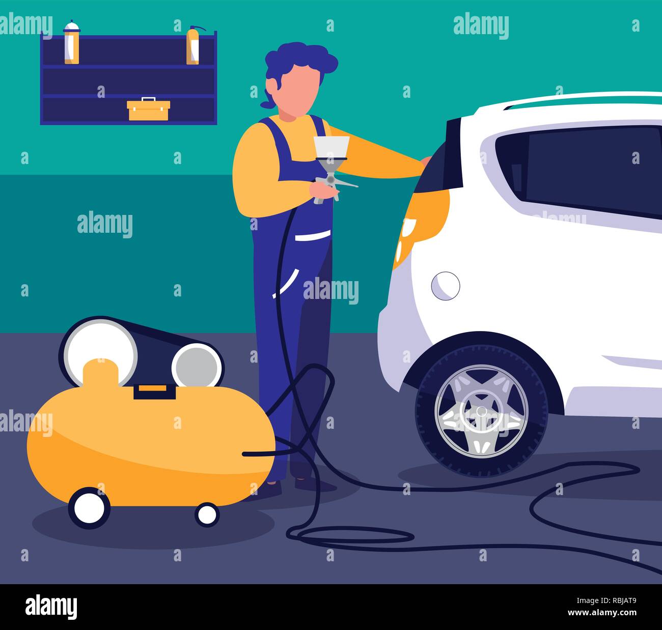 car in maintenance workshop with mechanic working vector illustration ...