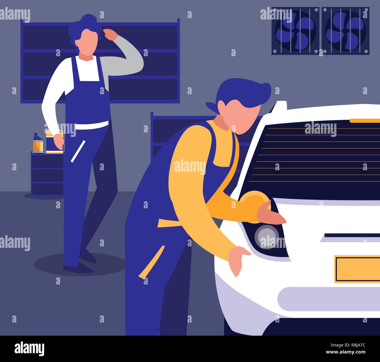 car in maintenance workshop with mechanics team vector illustration ...