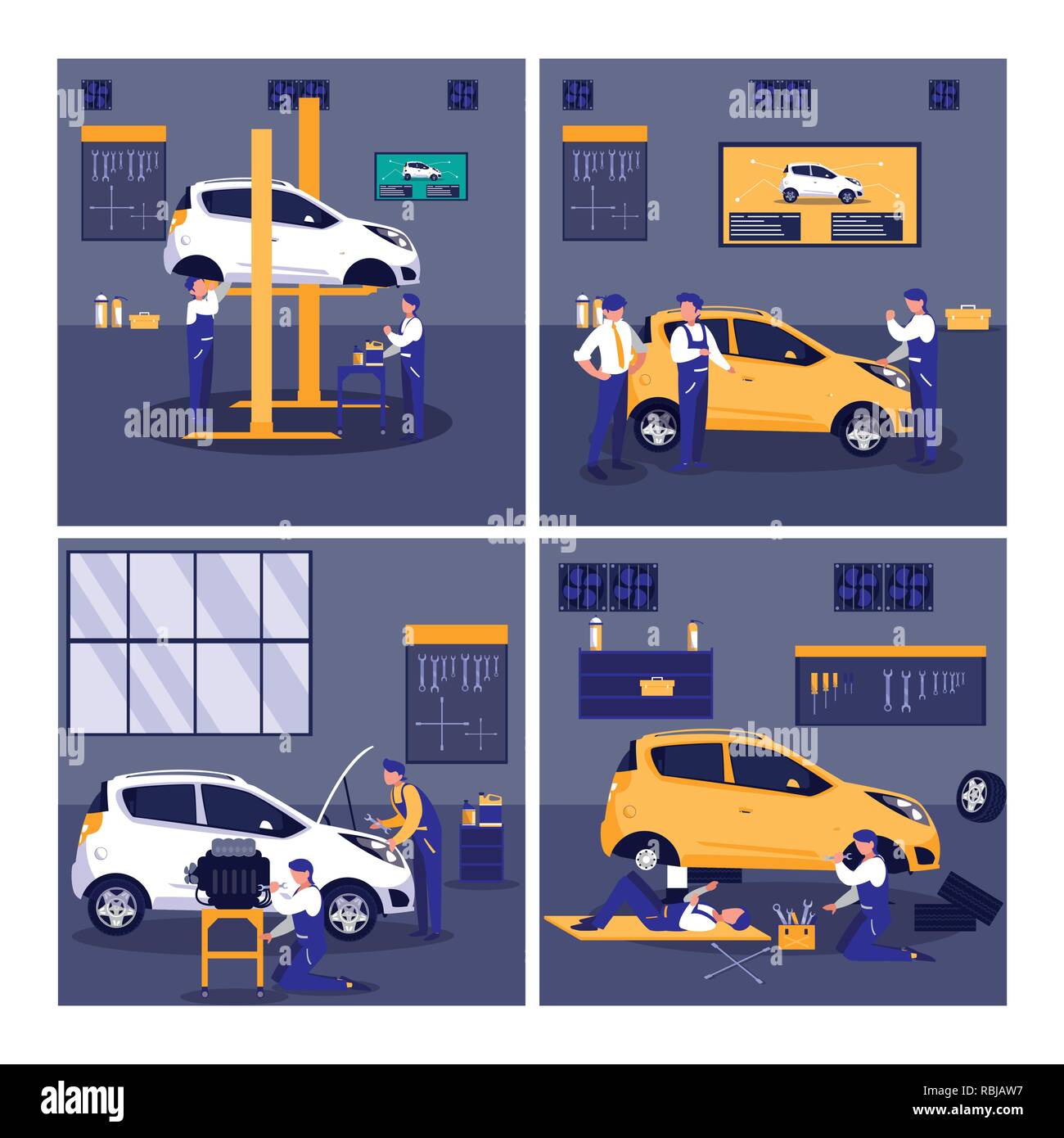 car in maintenance workshop with mechanics team vector illustration ...