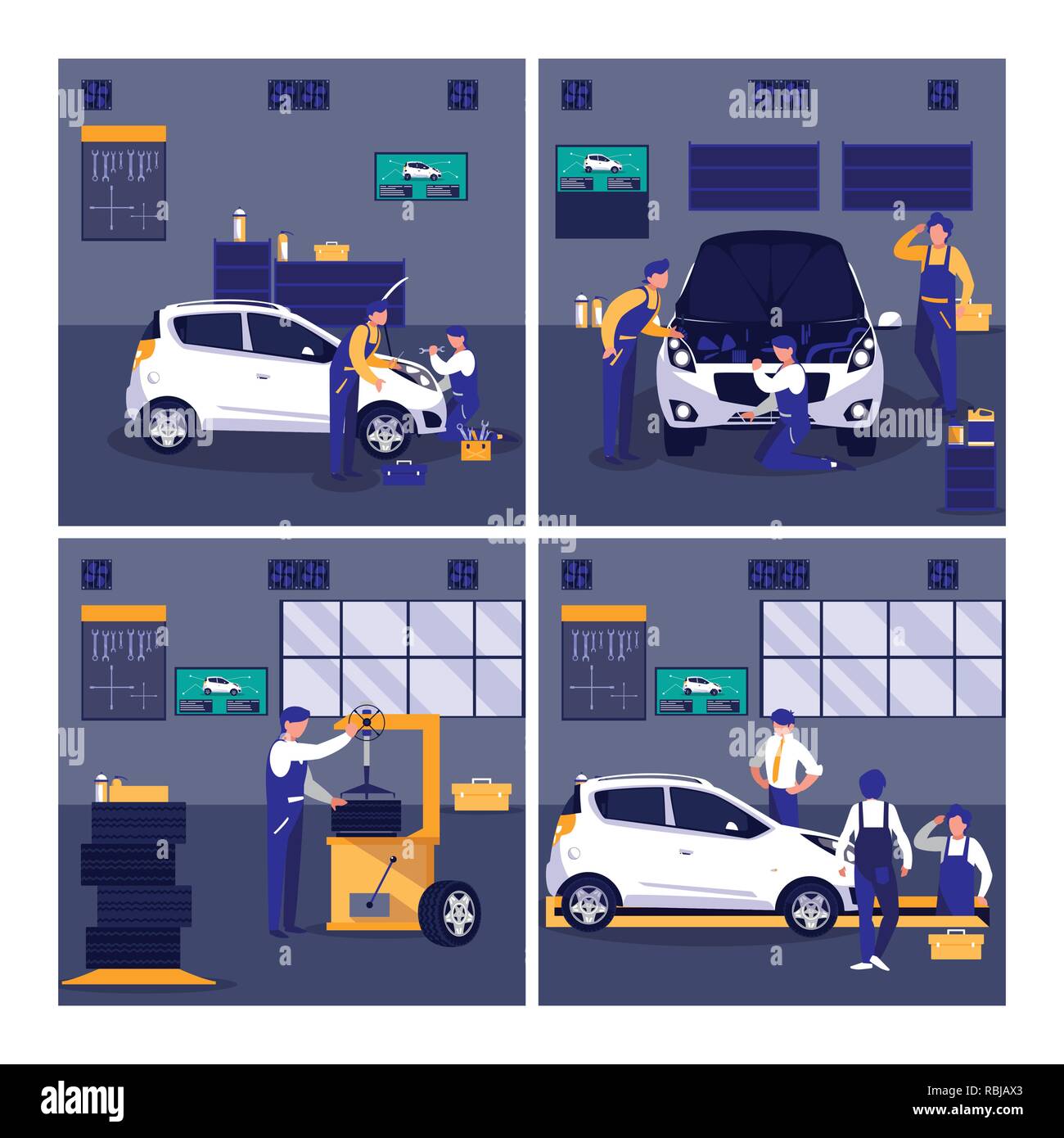 car in maintenance workshop with mechanics team vector illustration ...