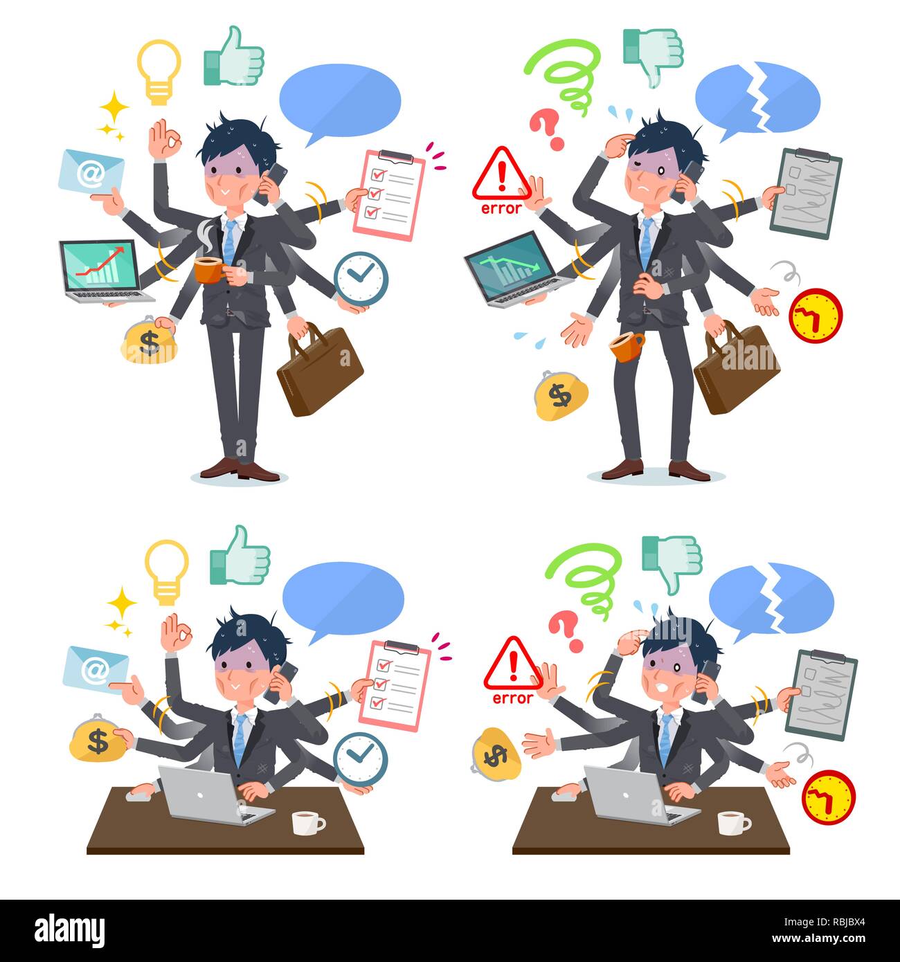 A set of bad condition businessman who perform multitasking in the ...