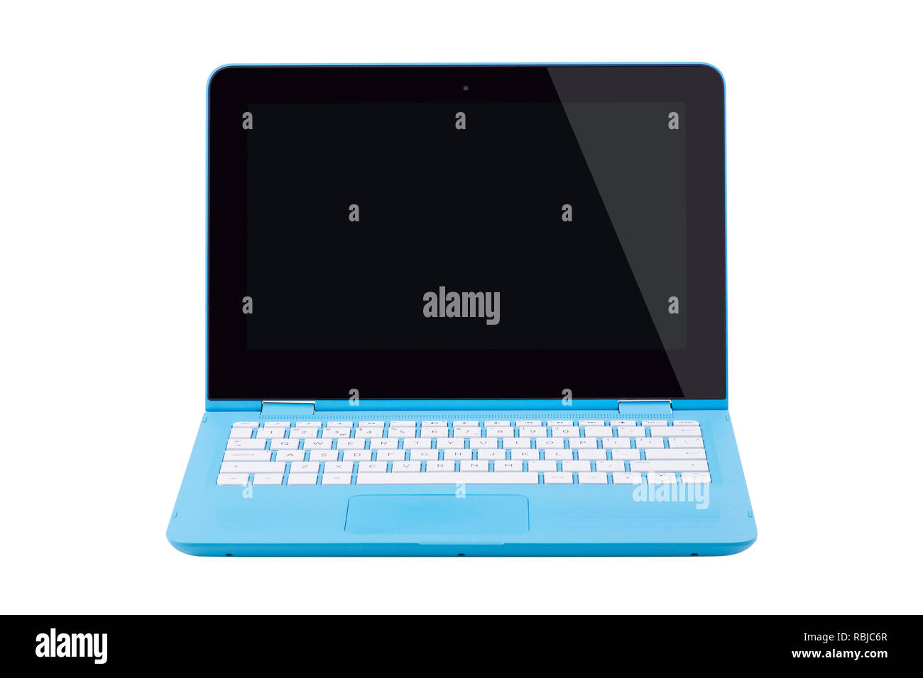 Open blue laptop with english keyboard, front view Stock Photo - Alamy