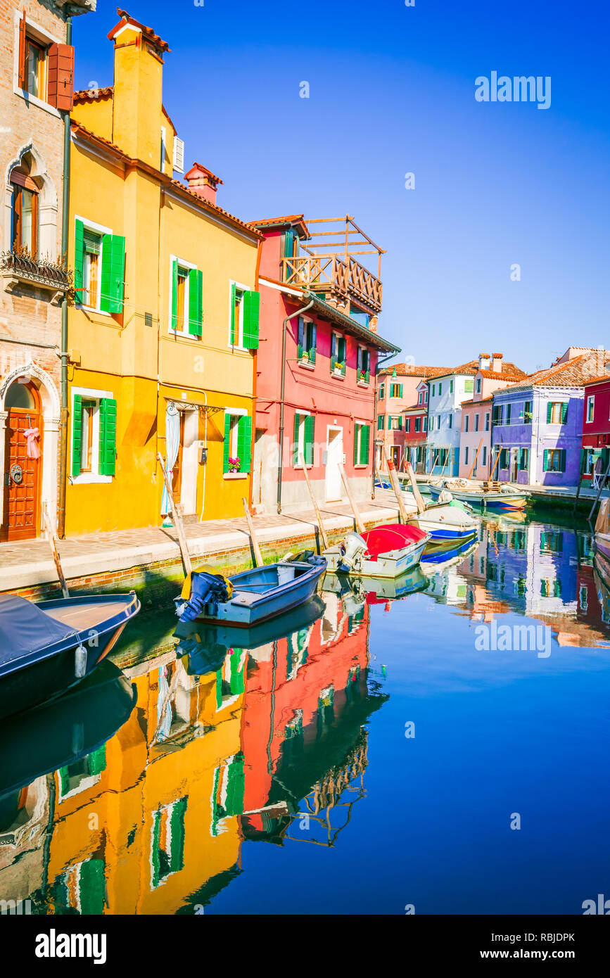 Burano, Venice. Image with colorful island and water canal from ...