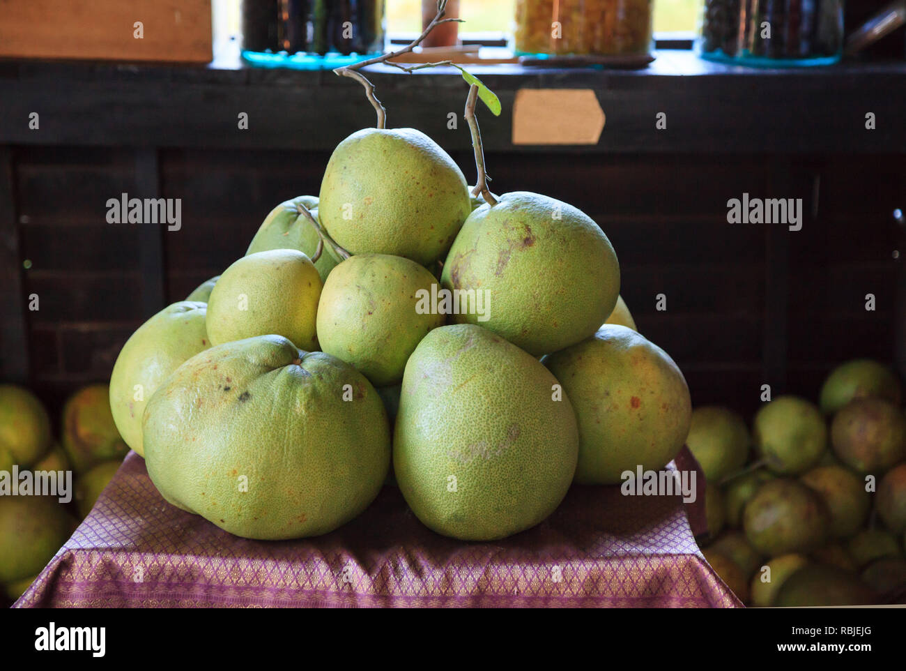 Pile of fresh tropical Asian ripe green yellow pomelos fruit from ...