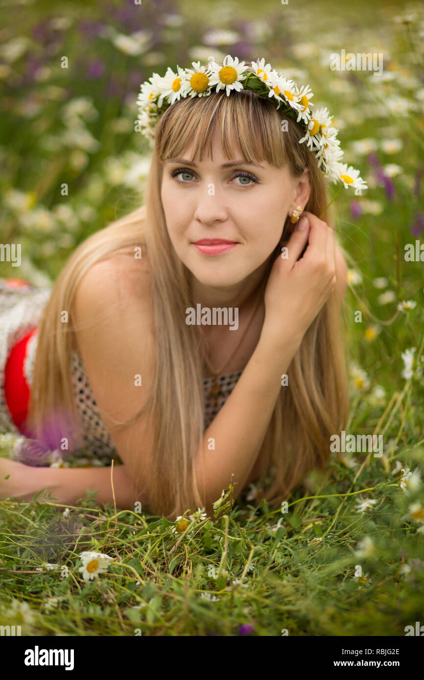 Beautiful Woman Enjoying Daisy Field Nice Female Lying Down In Meadow