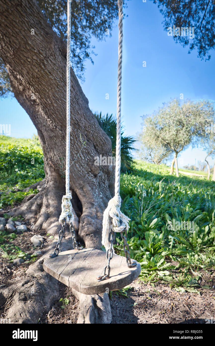 Traditional wooden swing tied hi-res stock photography and images - Alamy