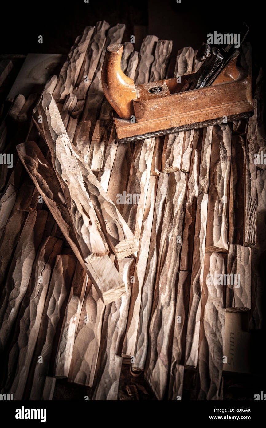 carved wood and vintage hand planer Stock Photo - Alamy