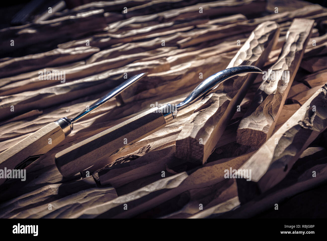 detail of carved wood and gouges Stock Photo - Alamy