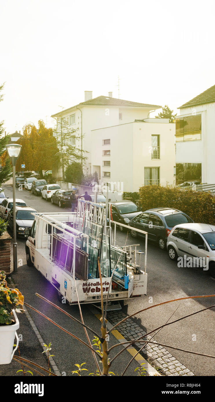 PARIS, FRANCE - NOV 22, 2017: View from above of white van transporting ...
