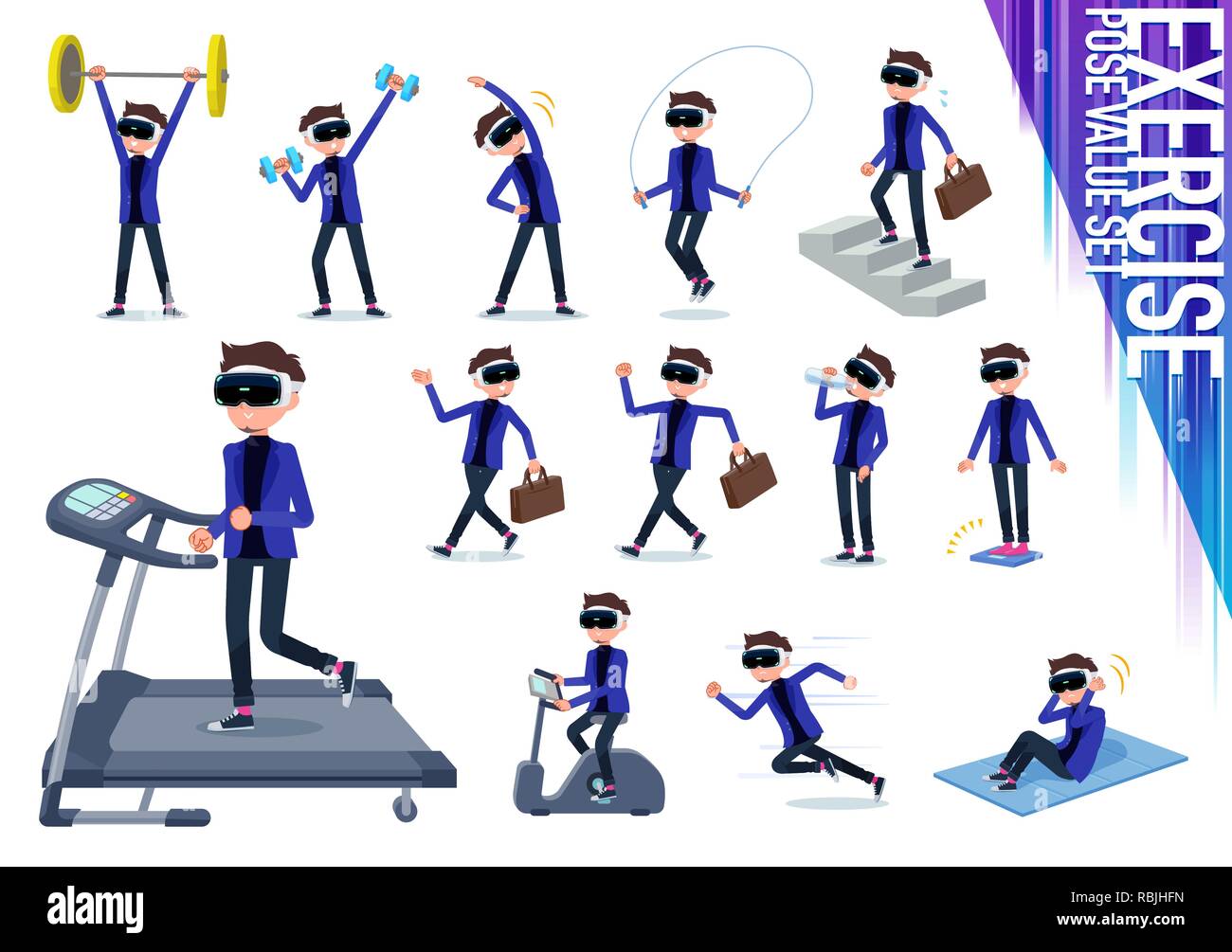 A set of men wearing virtual reality goggles on exercise and sports ...
