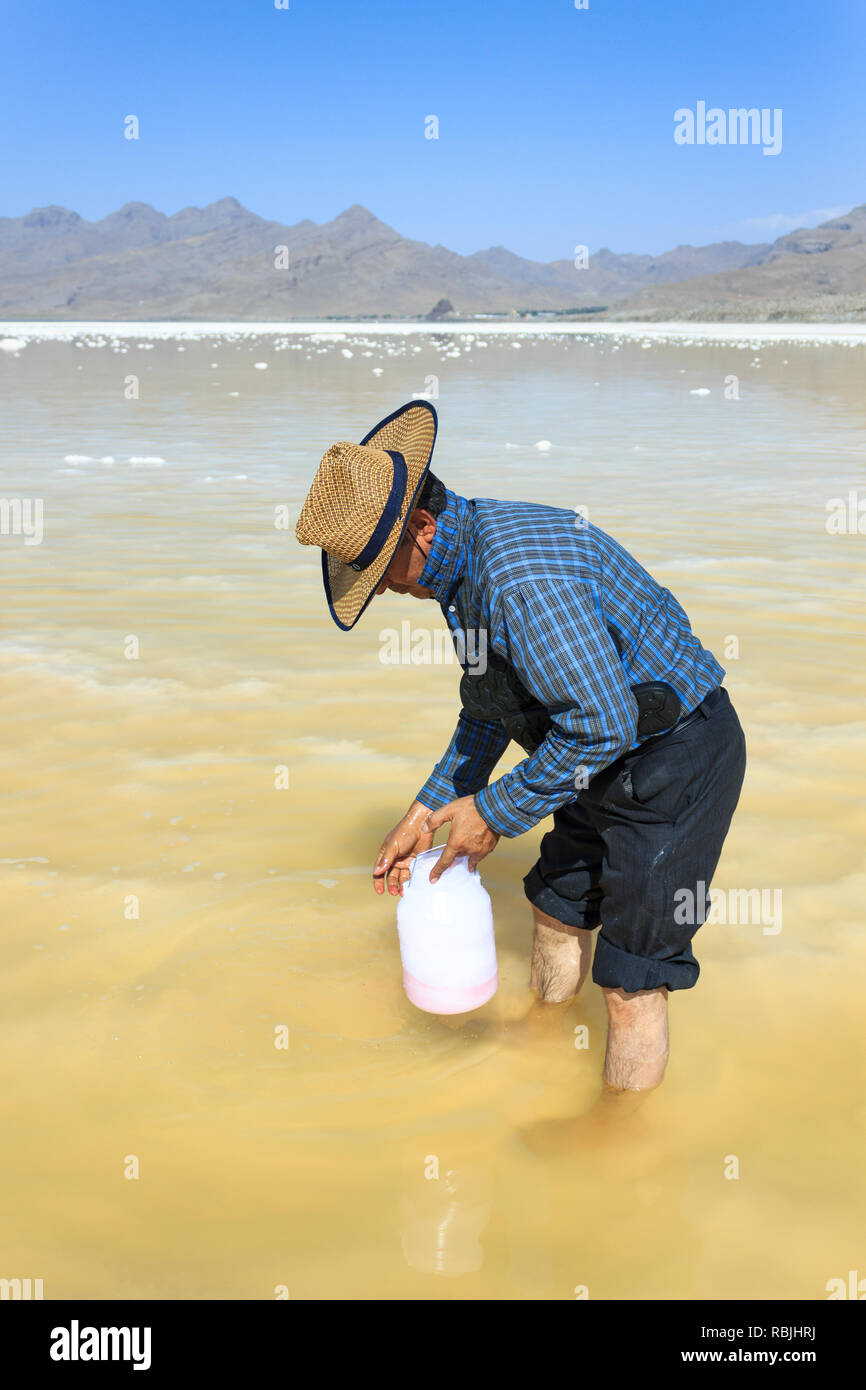 The man in shallow waters of salt lake Urmia is picking up some salt ...