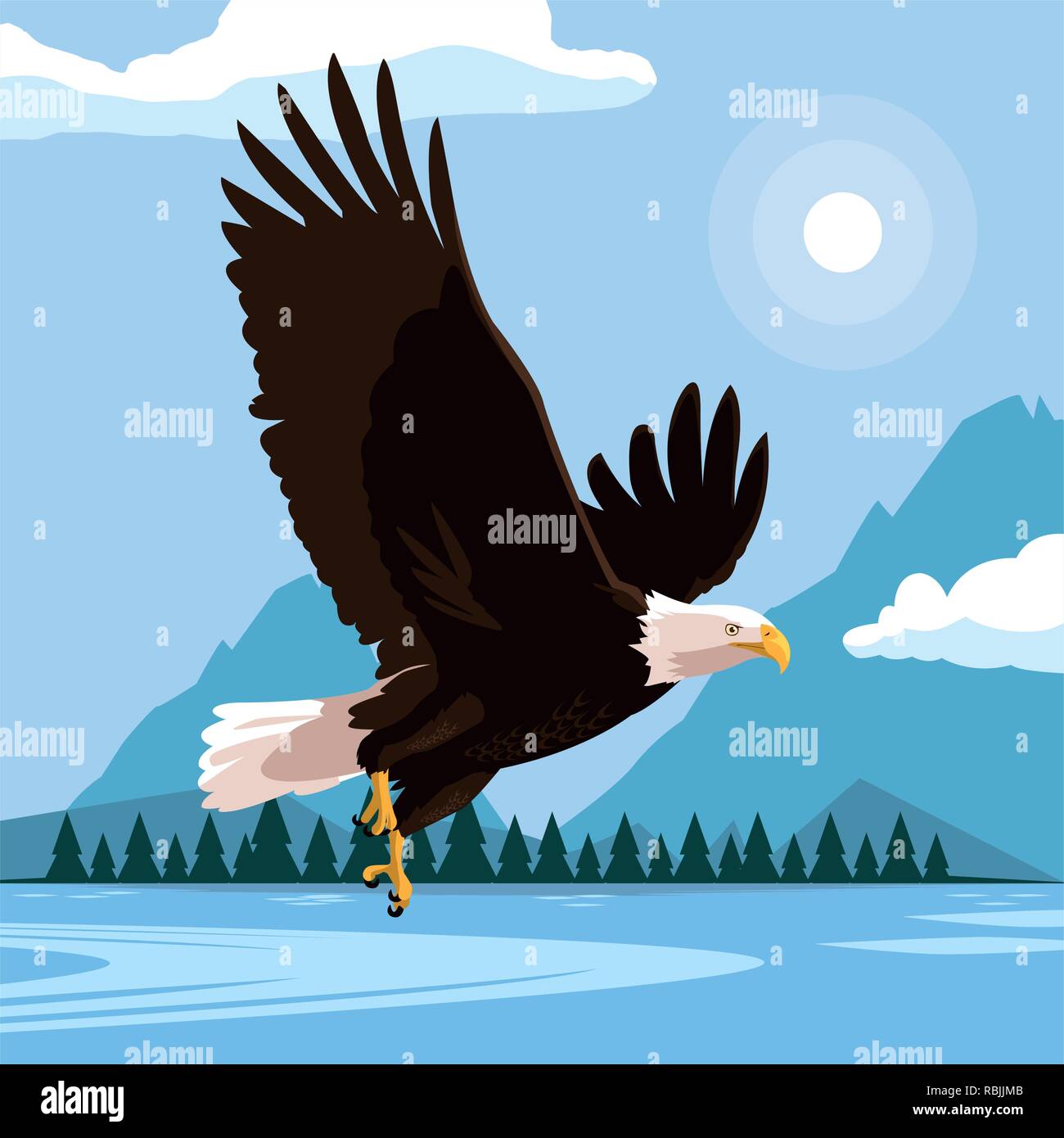 bald eagle bird flying with landscape vector illustration design Stock ...