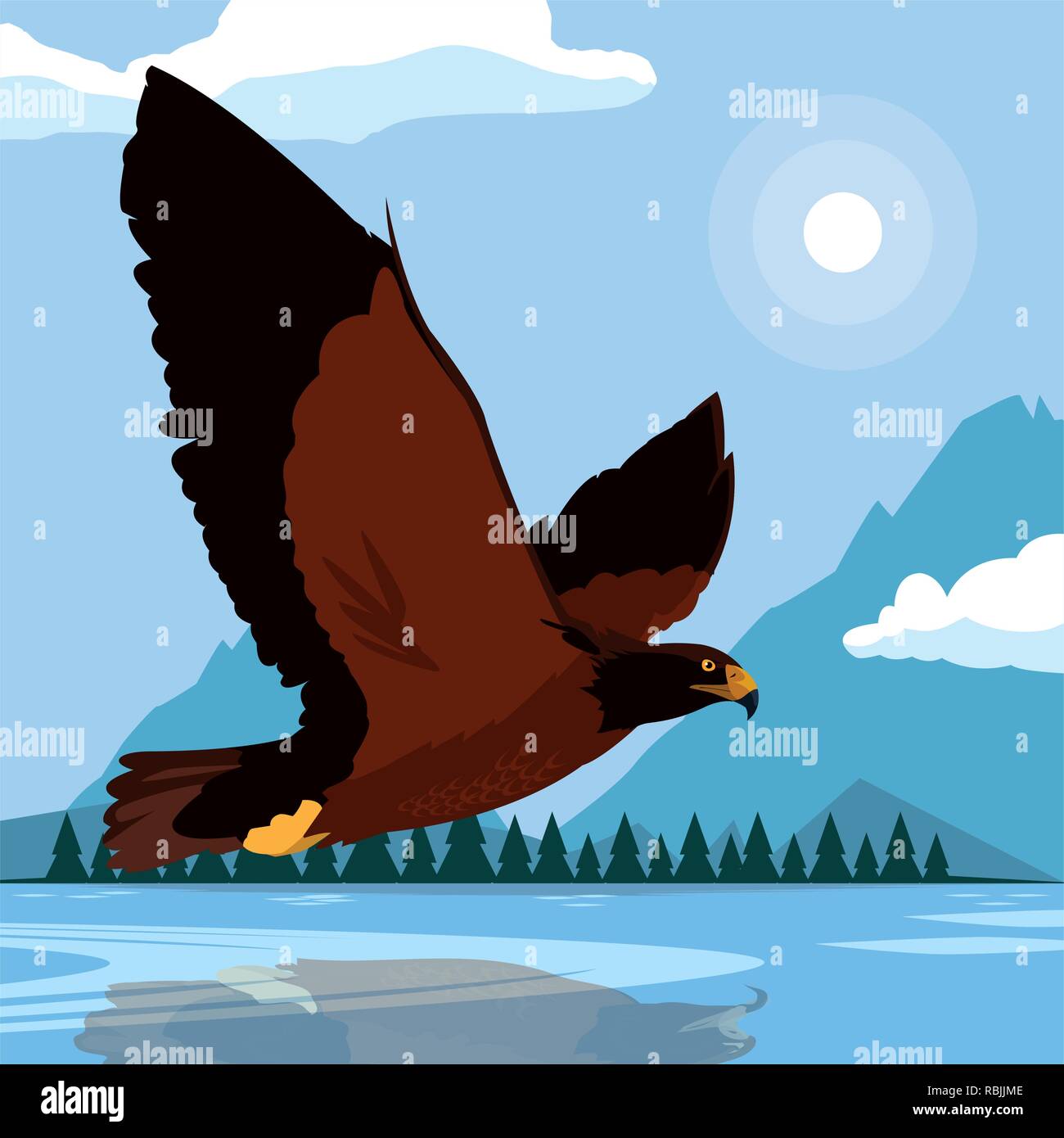 imposing hawk bird flying in the landscape vector illustration design ...
