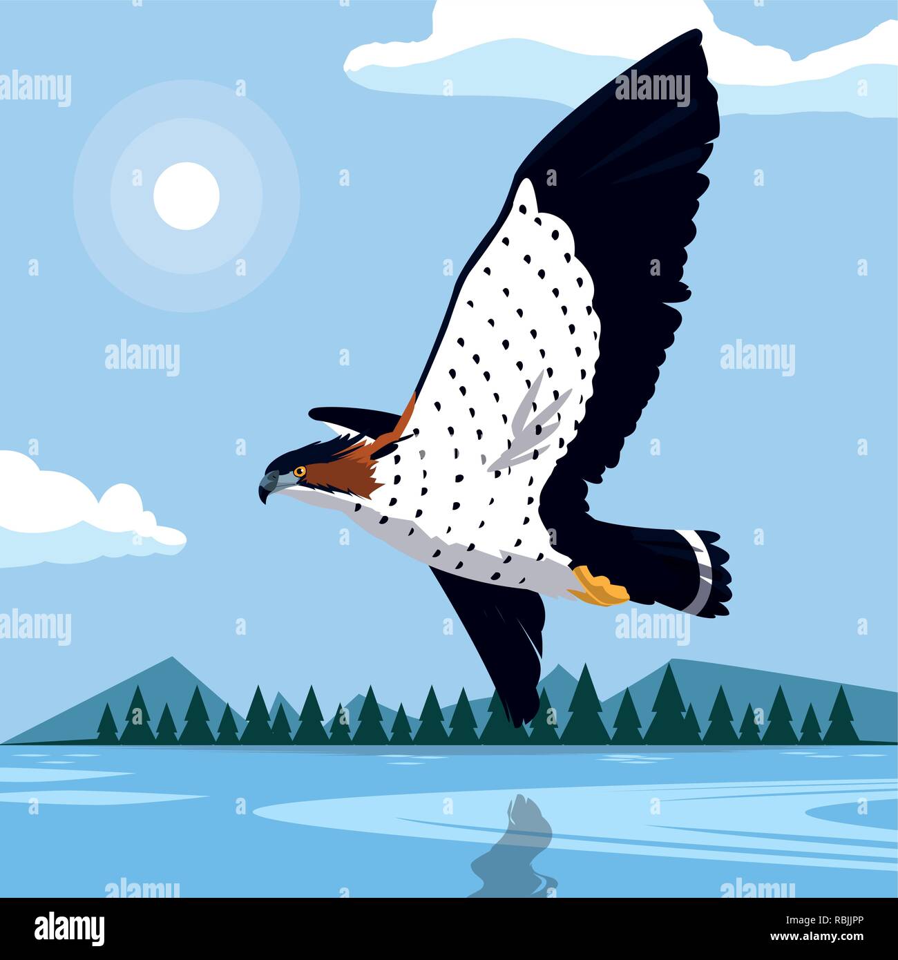 imposing hawk bird flying in the landscape vector illustration design ...