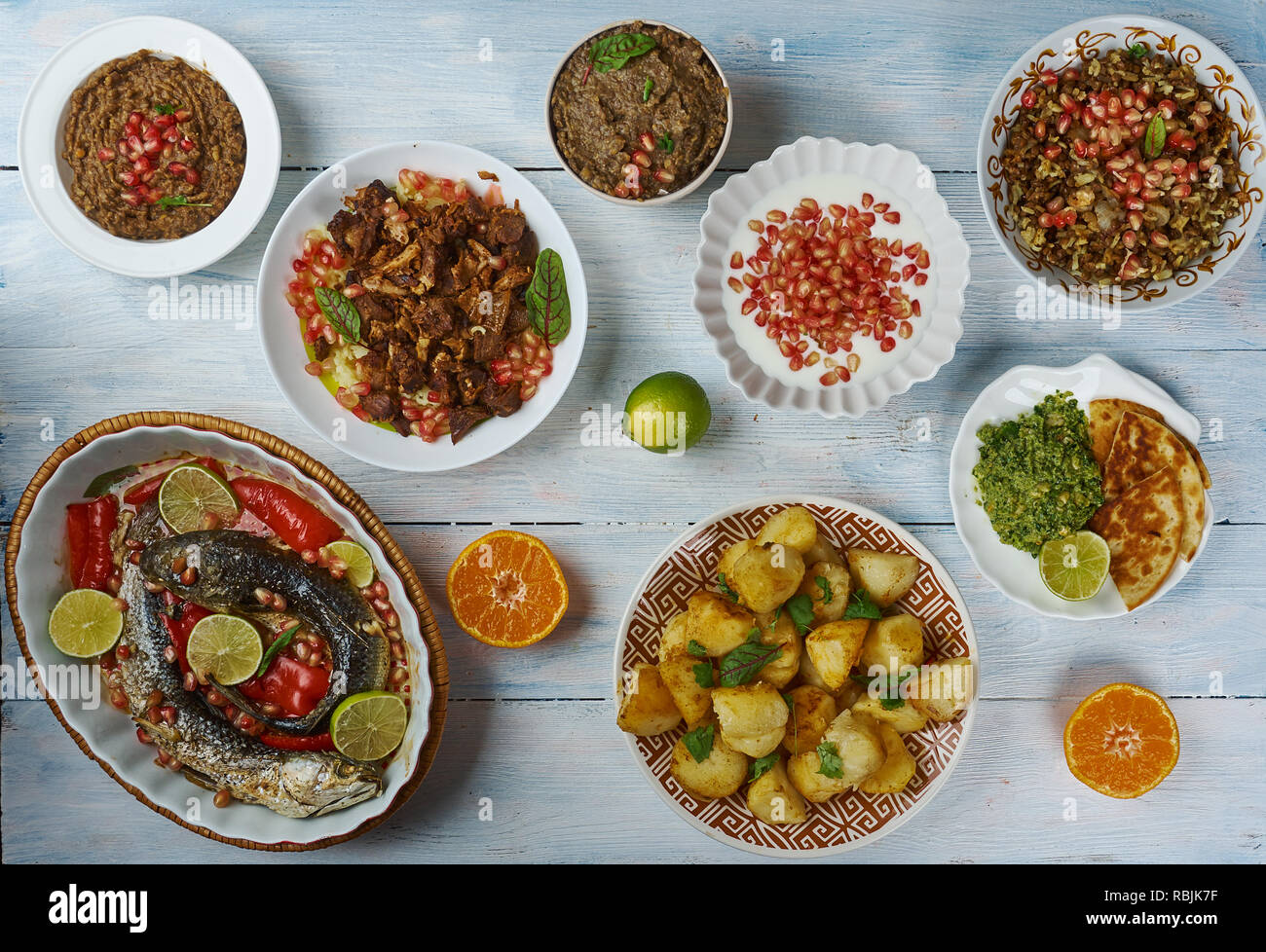 Middle Eastern cuisine Levant, Traditional assorted dishes, Top view ...