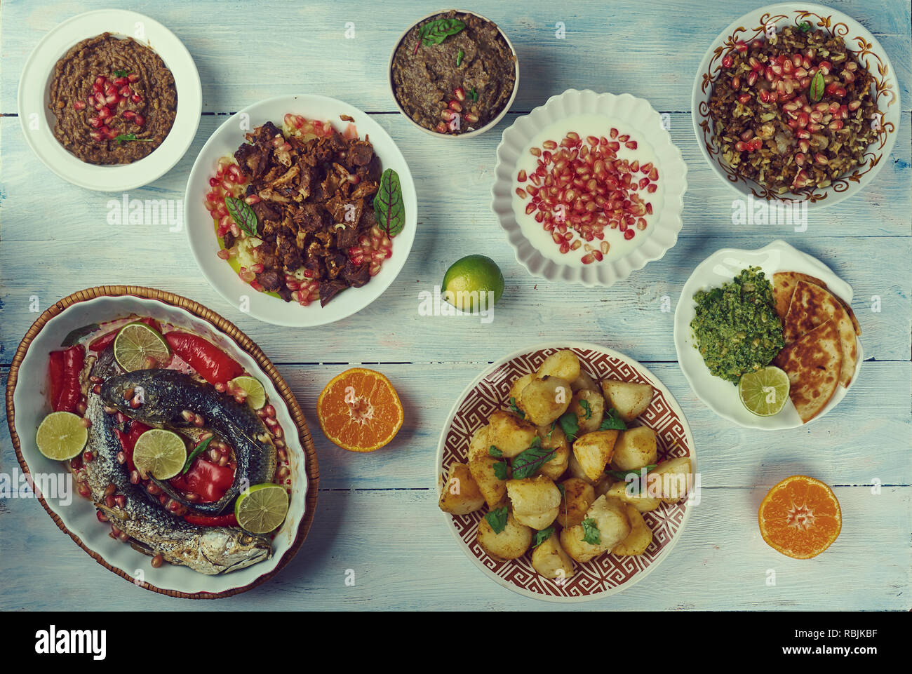 Middle Eastern cuisine Levant, Traditional assorted dishes, Top view ...