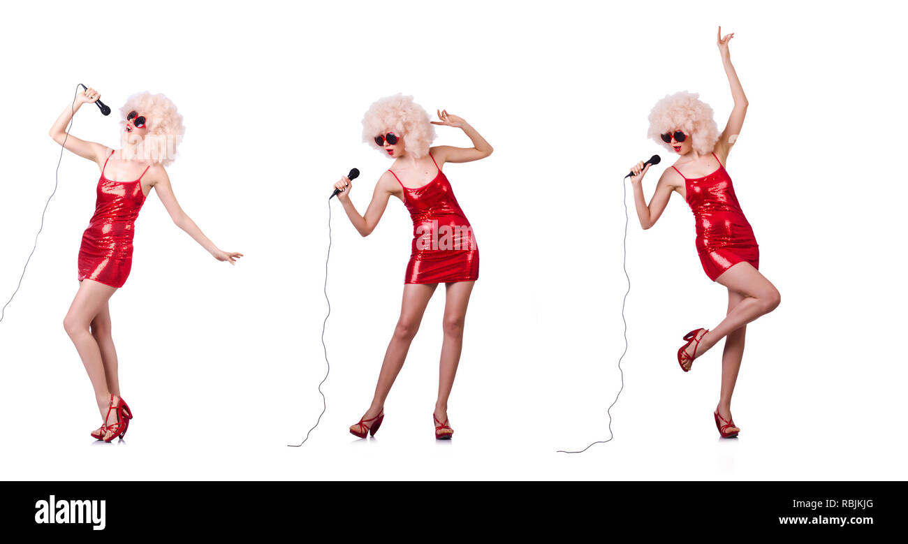 Pop star with mic on white Stock Photo - Alamy