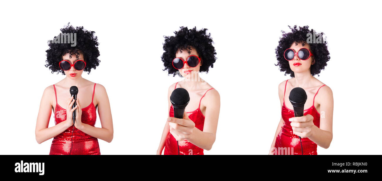 Pop star with mic in red dress on white Stock Photo - Alamy