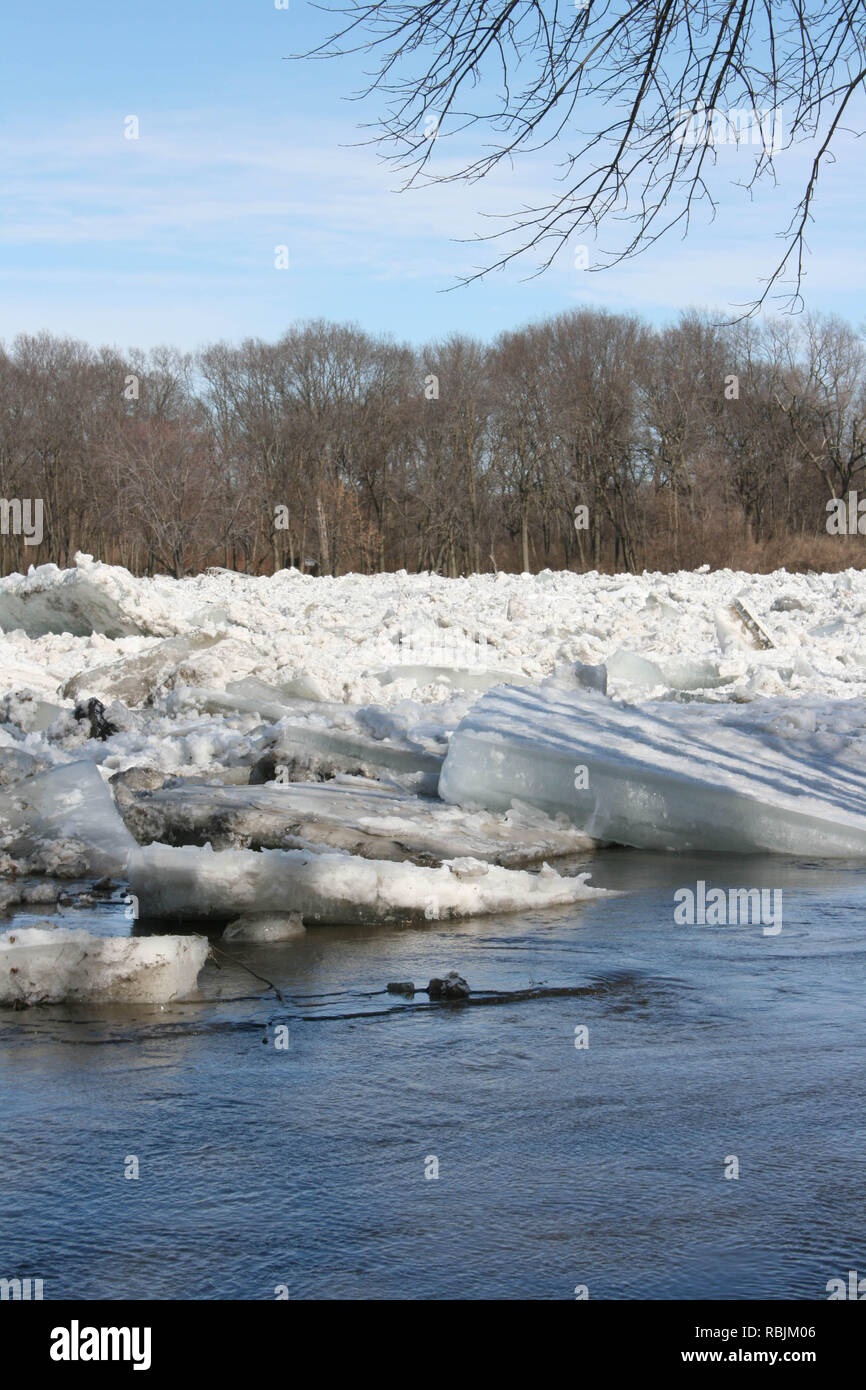 Winter ice jam on the Kankakee River in Illinois USA right before it ...