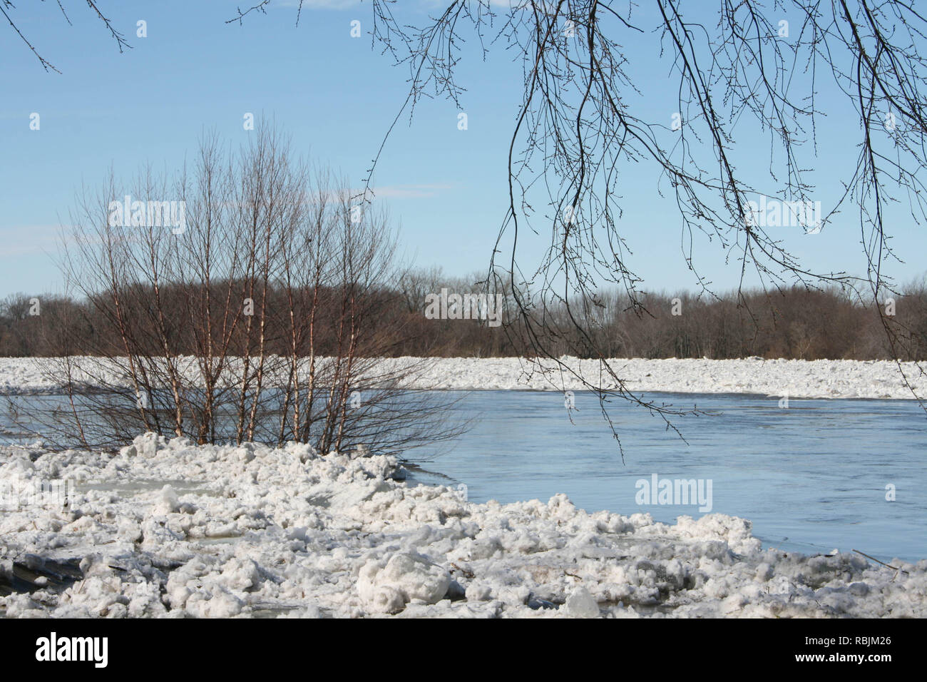 Winter ice jam on the Kankakee River in Illinois USA right before it ...