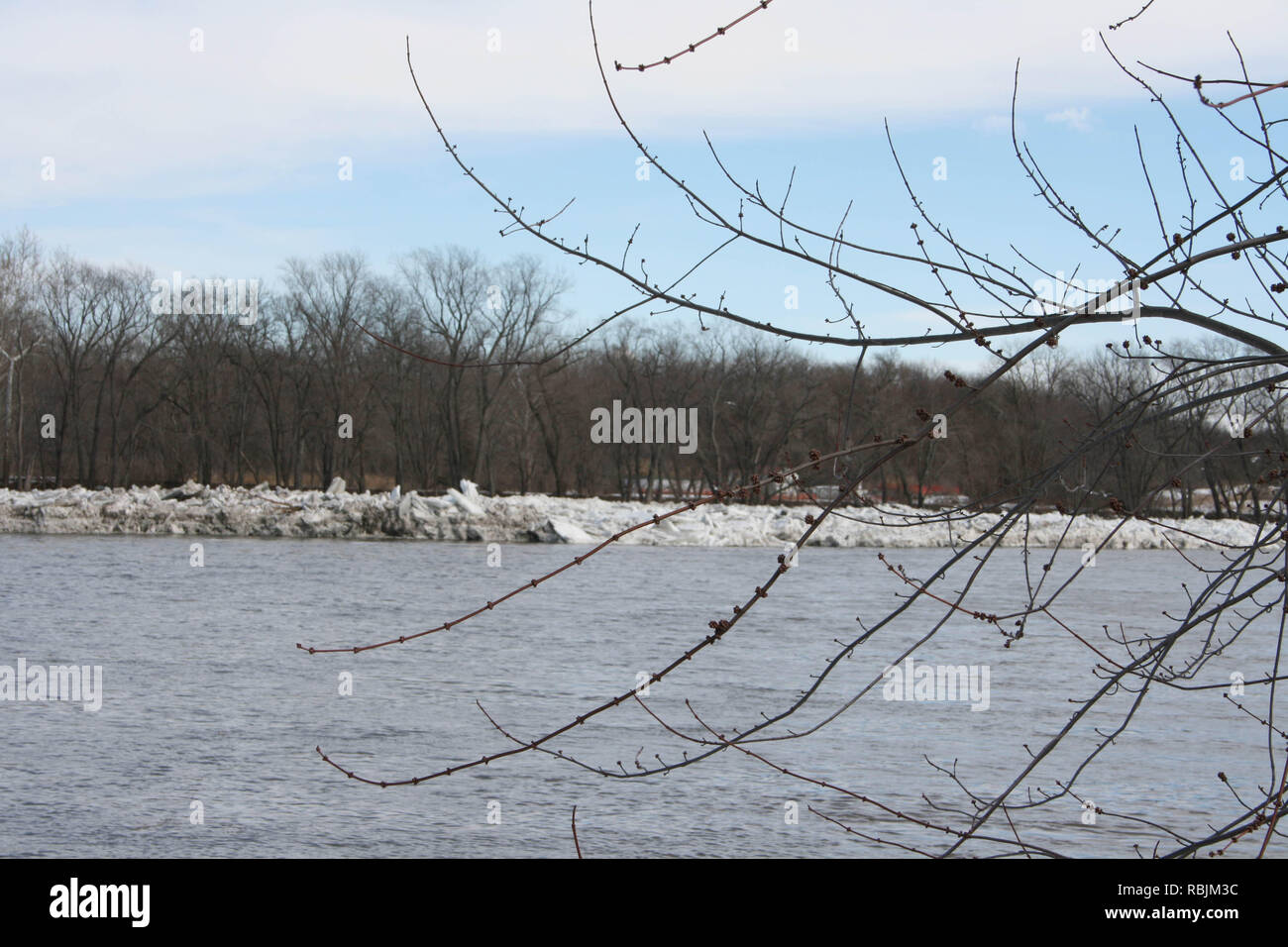 Winter ice jam on the Kankakee River in Illinois USA right before it ...