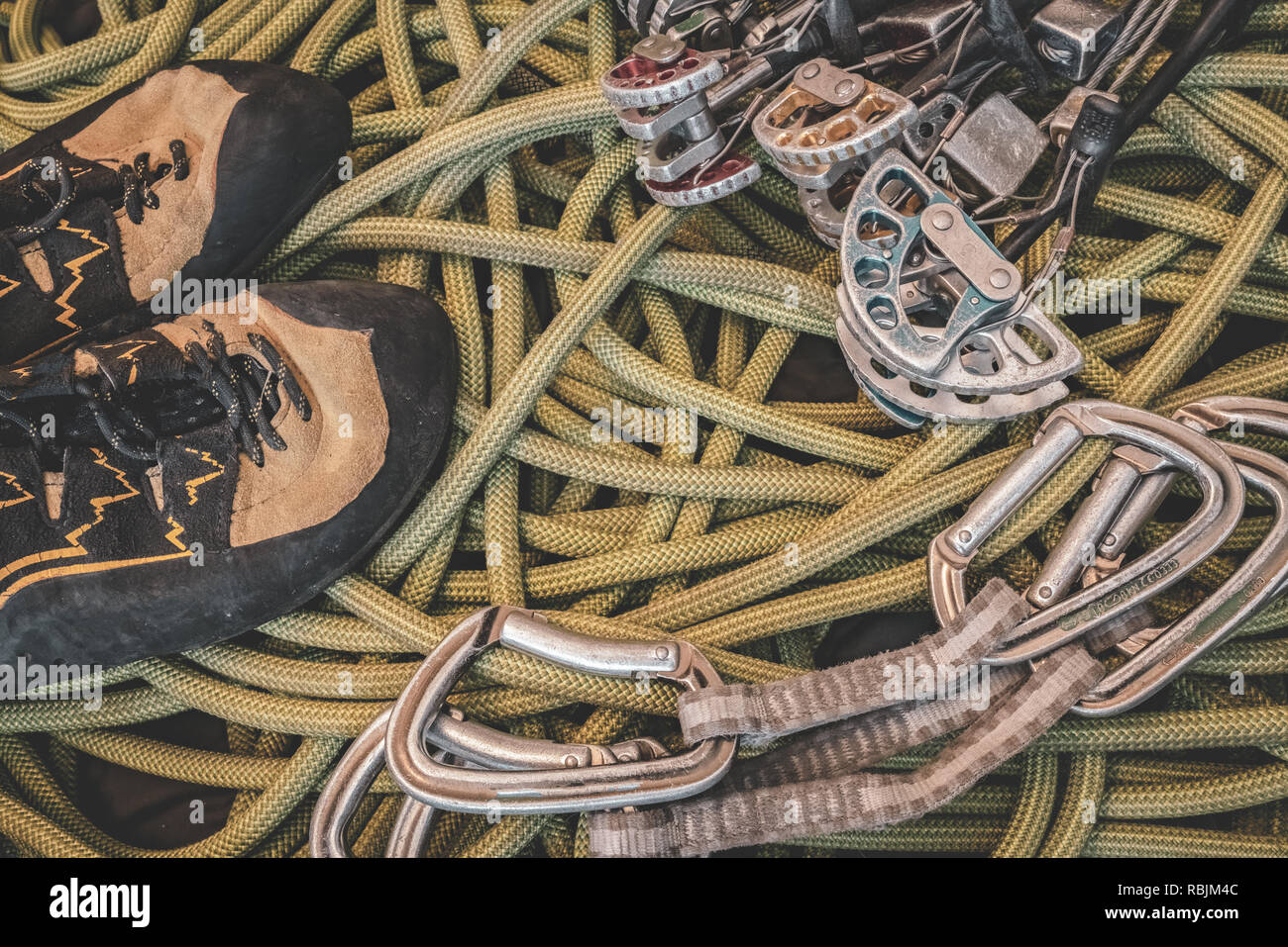 Traditional Rock Climbing Gear. Cams, Stoppers, Rope, Quickdraws, and ...