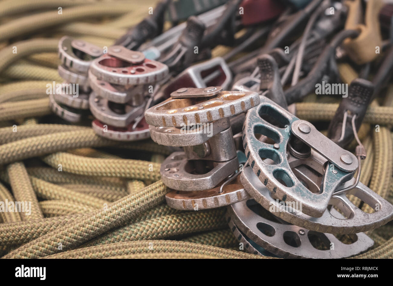 Traditional Rock Climbing Gear. Cams, Stoppers, Rope, Quickdraws, and ...