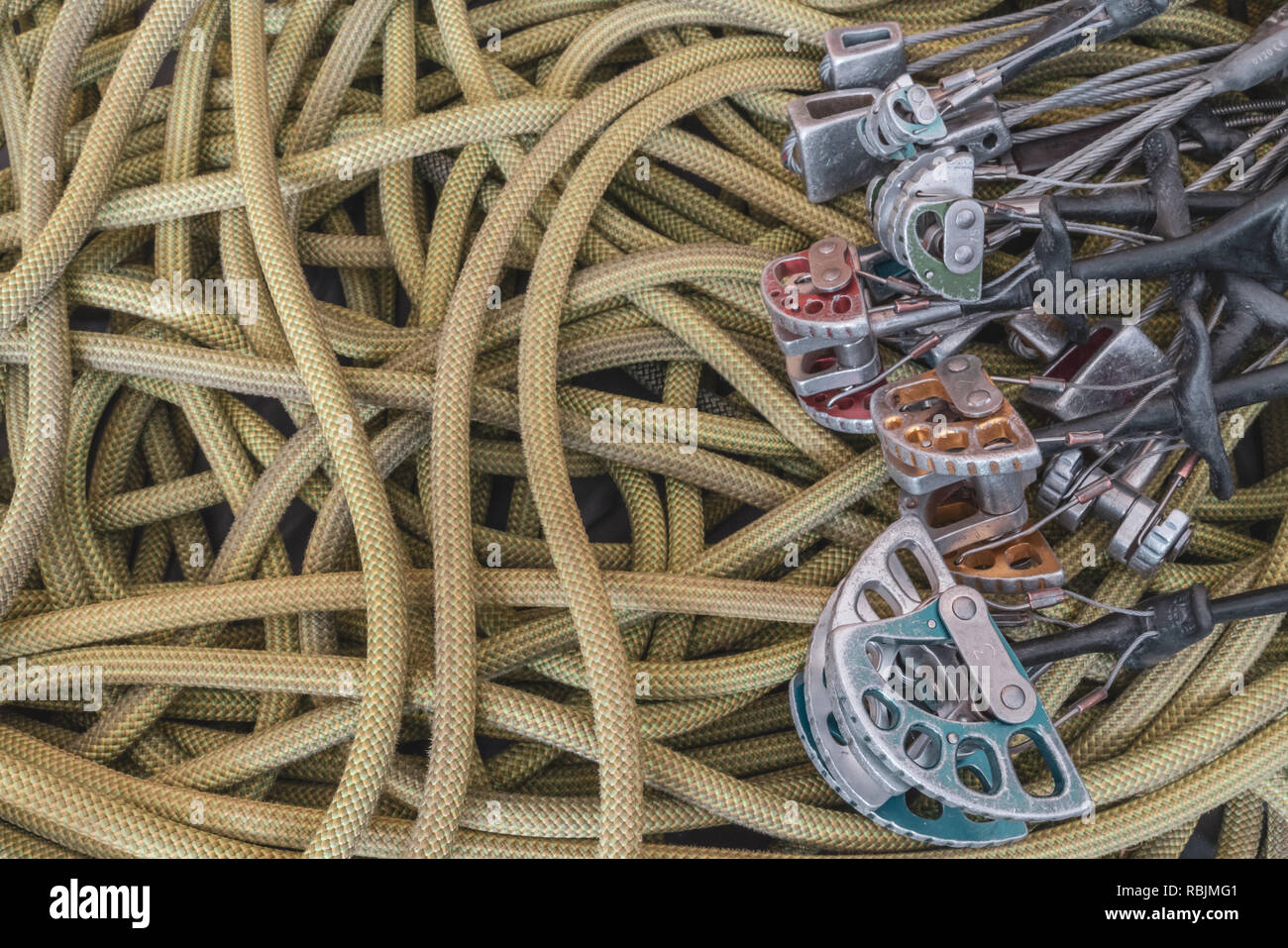 Traditional Rock Climbing Gear. Cams, Stoppers, Rope, Quickdraws, and ...
