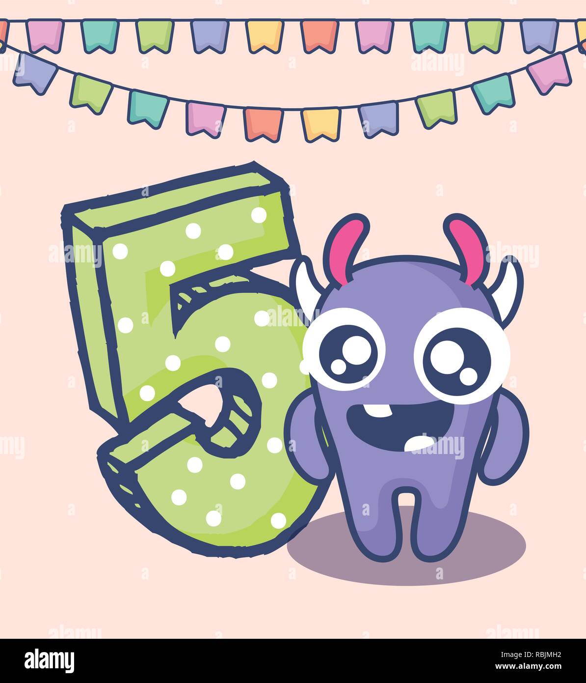 cute monster with number five birthday card vector illustration design ...