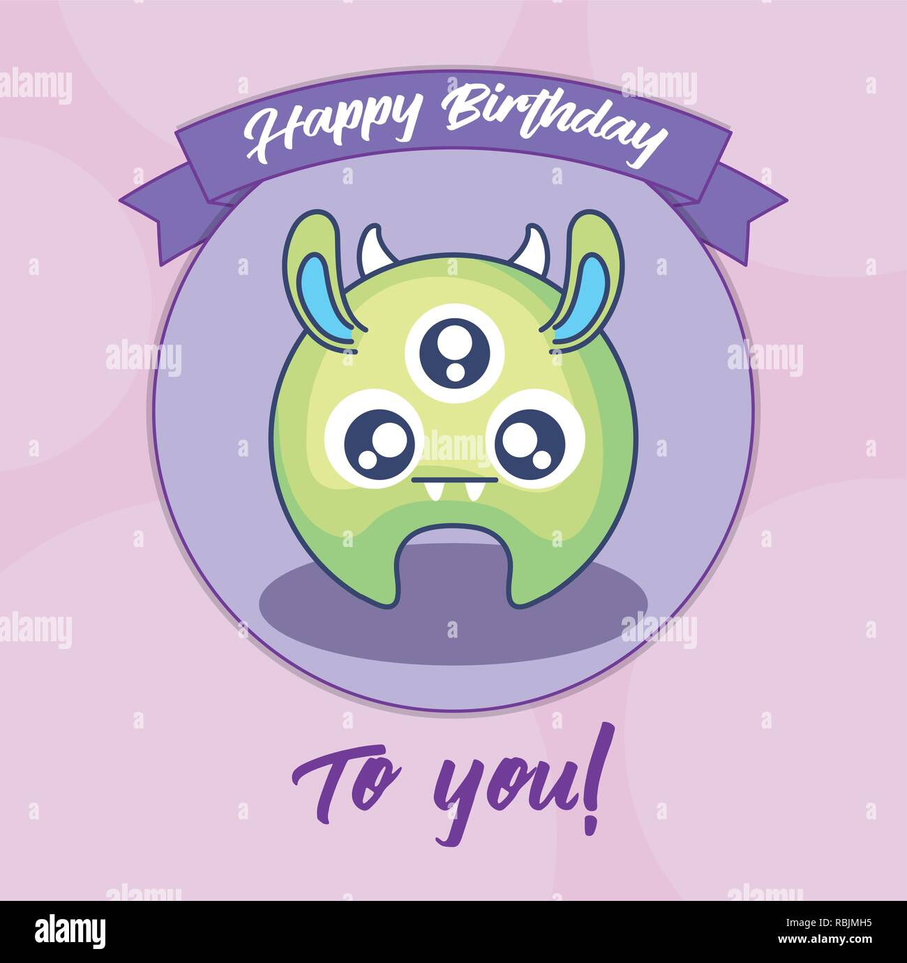 birthday card with cute monster and ribbon vector illustration design ...