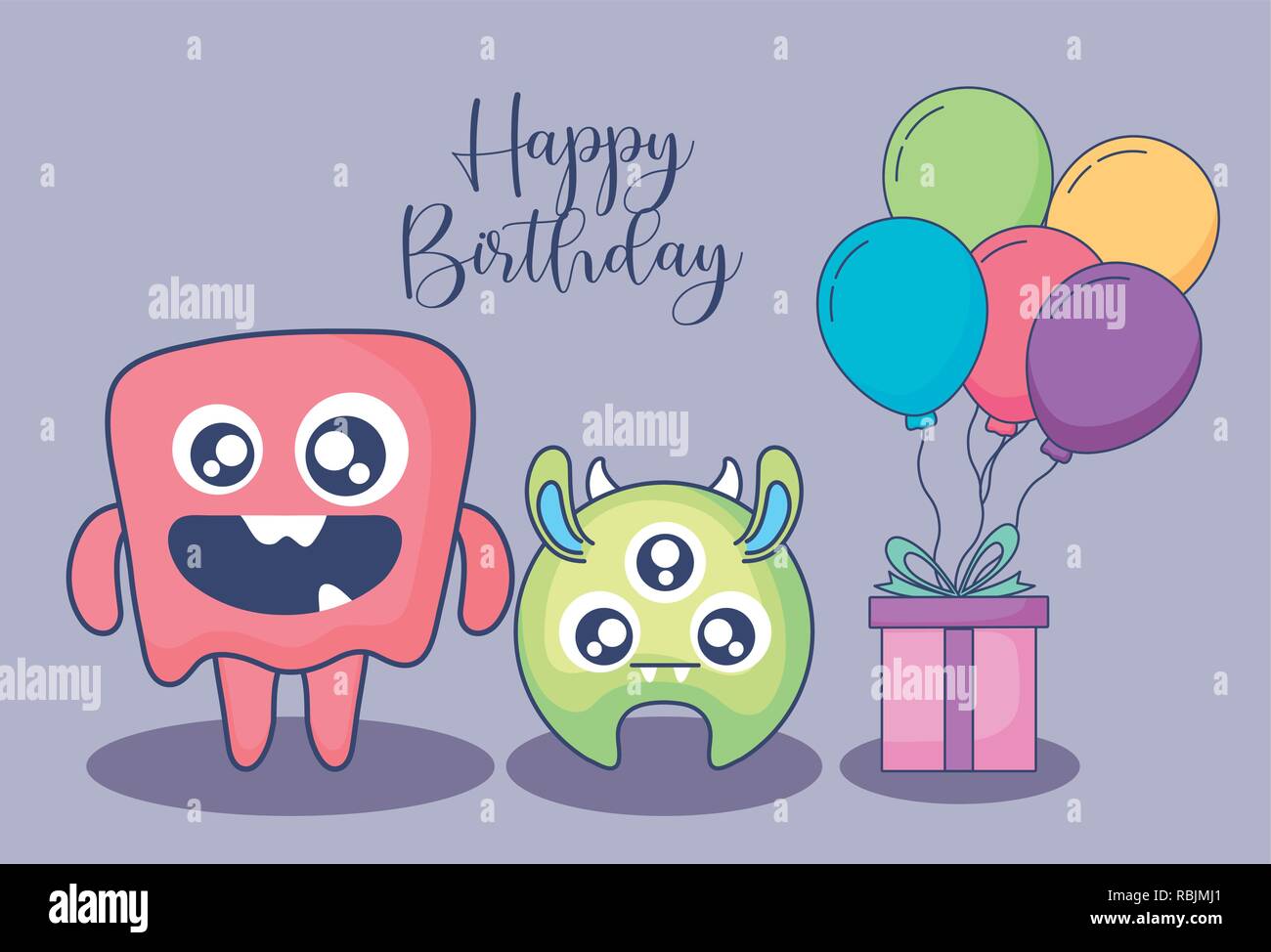 monsters with balloons helium and gift birthday card vector ...