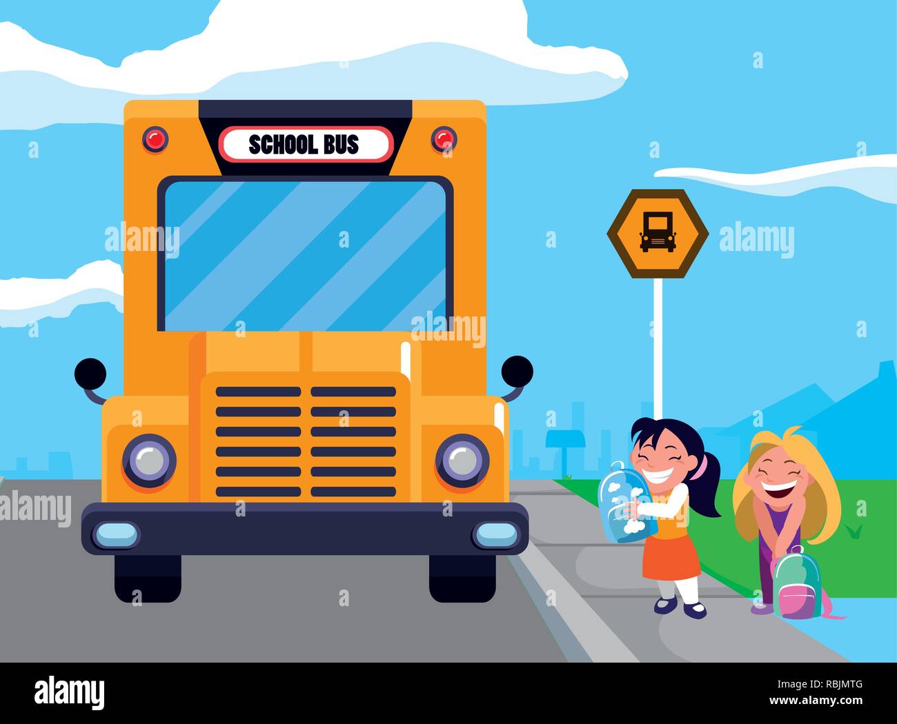 happy student girls in the school bus stop scene vector illustration ...
