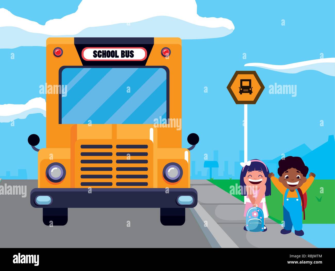 happy students kids in the school bus stop scene vector illustration ...