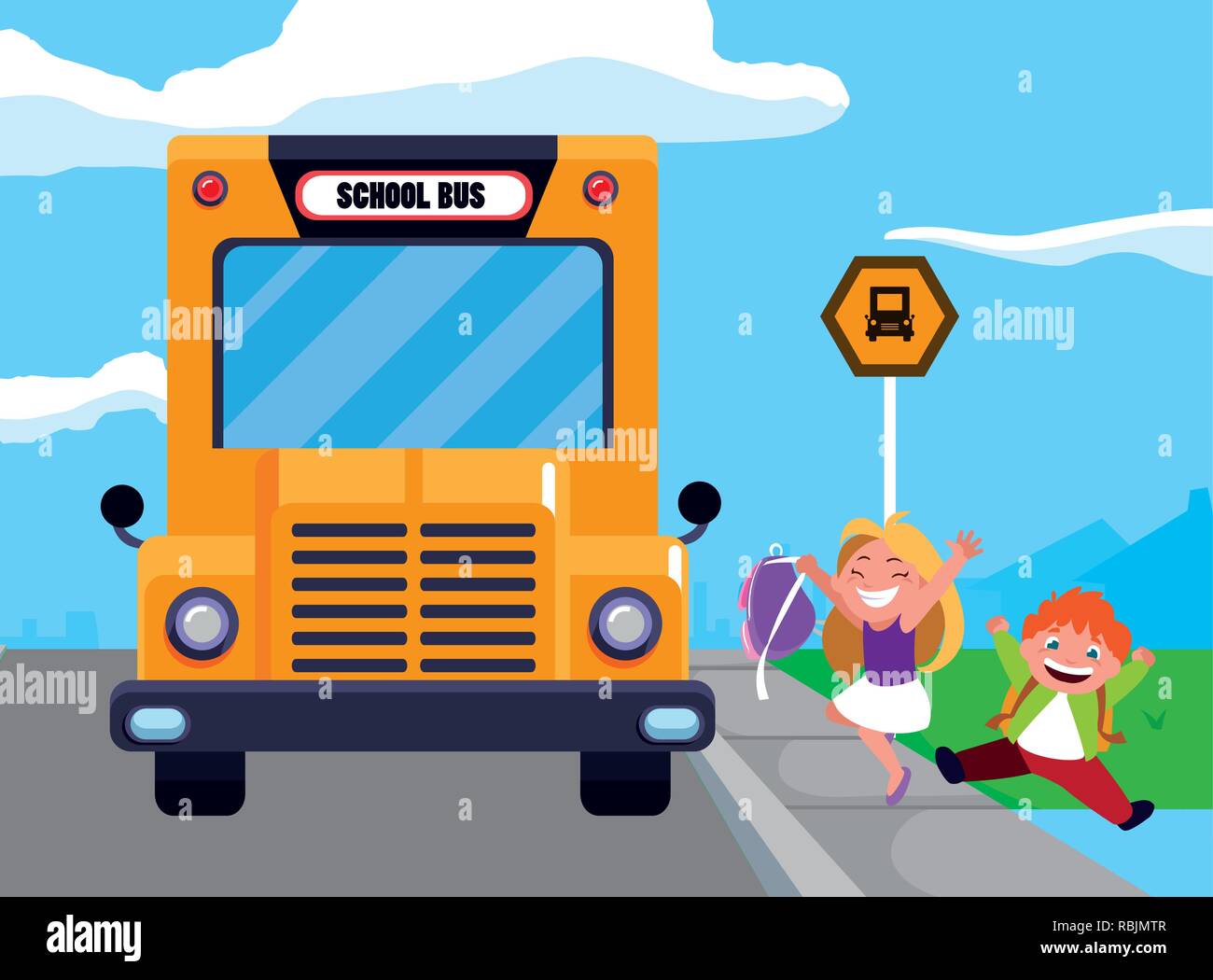 happy students kids in the school bus stop scene vector illustration ...